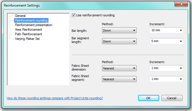 Description of elements in reinforcement - settings, rounding and numbers