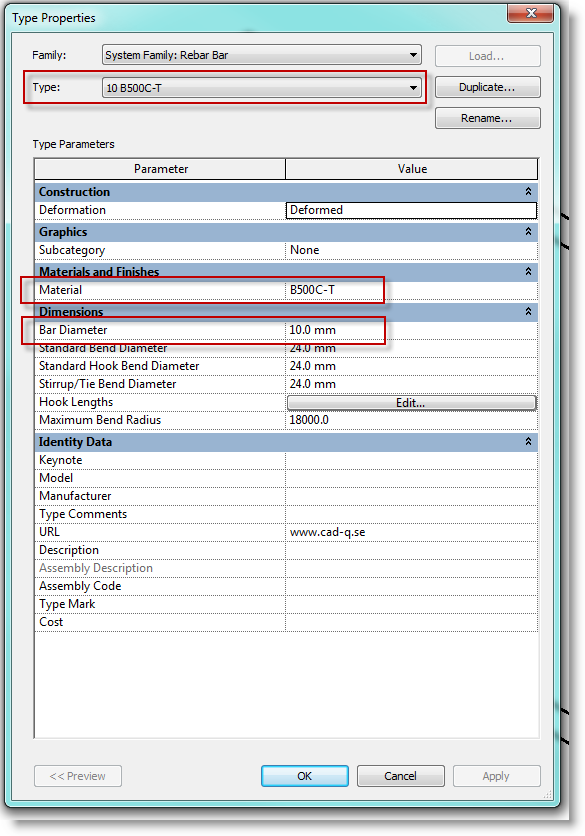 Description of elements in reinforcement - settings, rounding and numbers