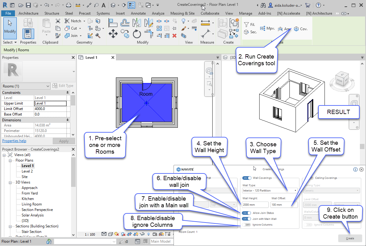 Create Coverings for floors, walls and ceilings with Naviate Architecture