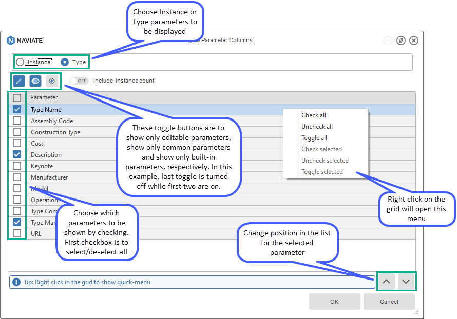 Edit parameter values on multiple elements with Naviate for Revit