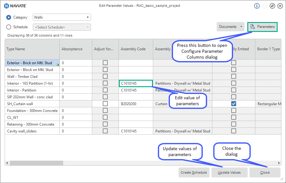Edit parameter values on multiple elements with Naviate for Revit
